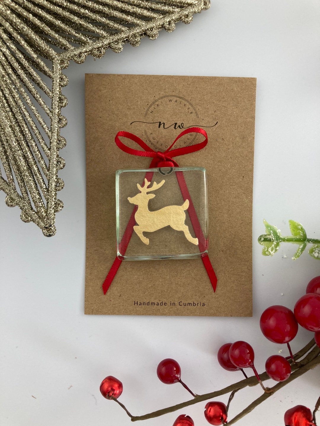 Fused Glass Pocket Charm, Token, Gift, Pocket Hug, Reindeer, Festive ...
