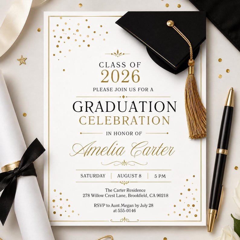 Graduation Party Invitation, Class of 2026 Grad Invite, Black Gold ...