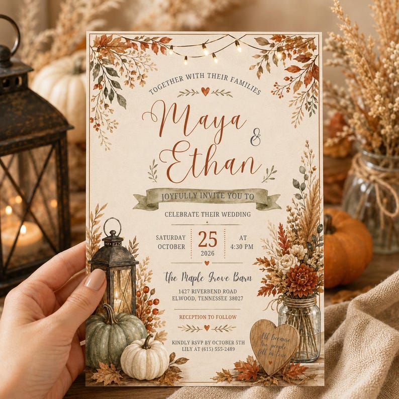 Fall Wedding Invitation, Rustic Pumpkin Lantern Barn Invite, Autumn ...