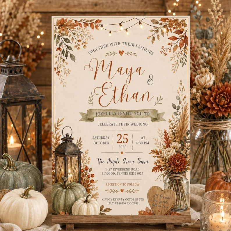 Fall Wedding Invitation, Rustic Pumpkin Lantern Barn Invite, Autumn ...