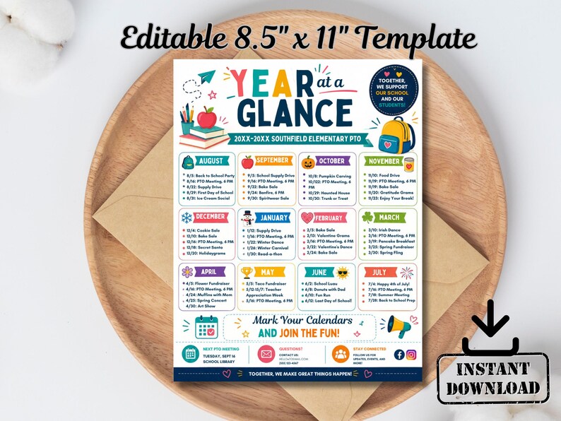 PTA PTO Year at a Glance Flyer Template, Editable School Calendar of ...