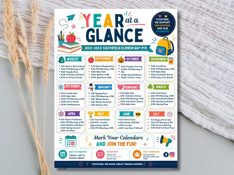PTA PTO Year at a Glance Flyer Template, Editable School Calendar of ...