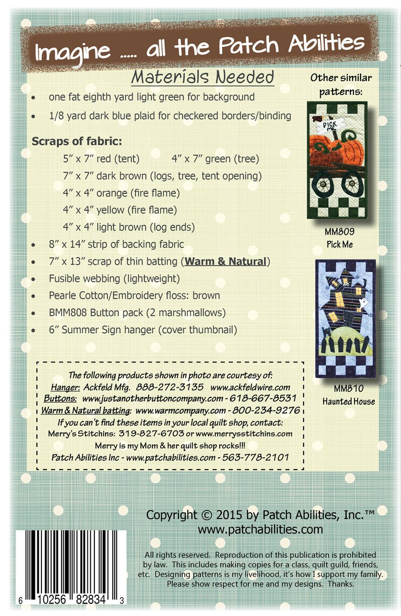 MM808 Campfire Goodies Wall Hanging Instant PDF Sewing Pattern Download by Patch Abilities, Inc ...