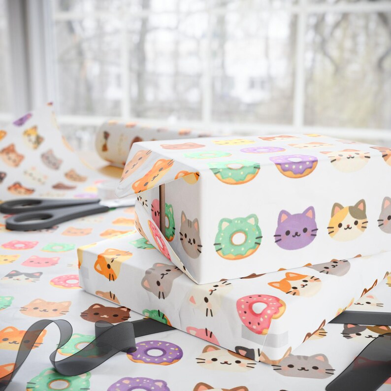 Kawaii Cat and Donut Wrapping Paper | Pastel Gift Wrap, Whimsical ...