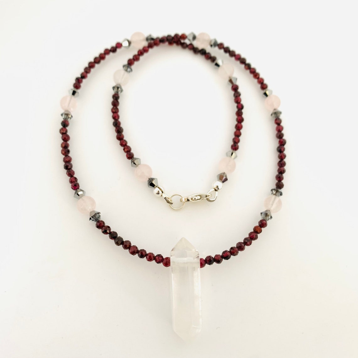 Garnet Rose Quartz Crystal Point Gemstone Necklace Sterling | Etsy