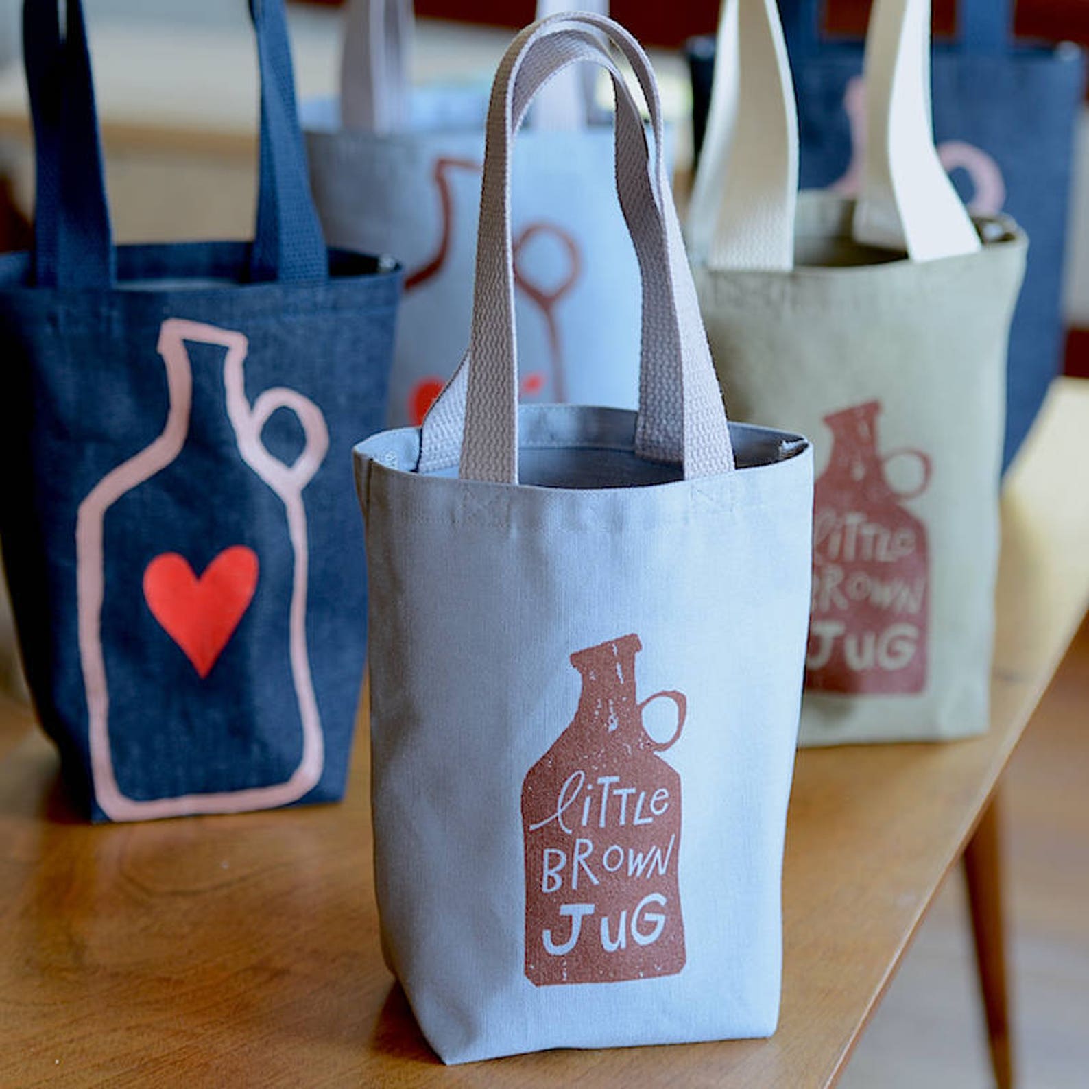 Little Brown Jug Growler Bag, Grey Screen Printed Canvas Growler Tote ...