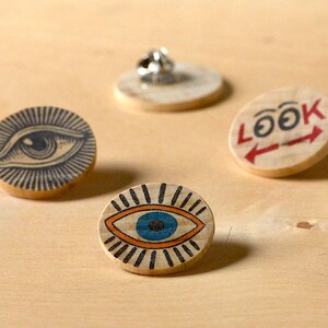 Eyes Buttons, Lapel Pins, Handmade Wooden Eye Art Badges, Pinback ...