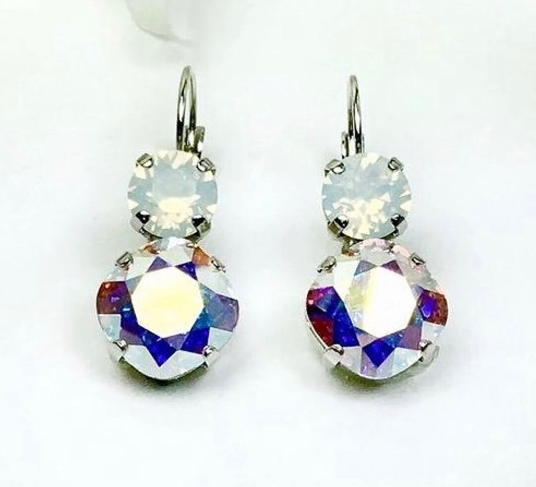 Aurora Borealis Austrian Crystal Drop Earrings – White Opal, Rhodium ...