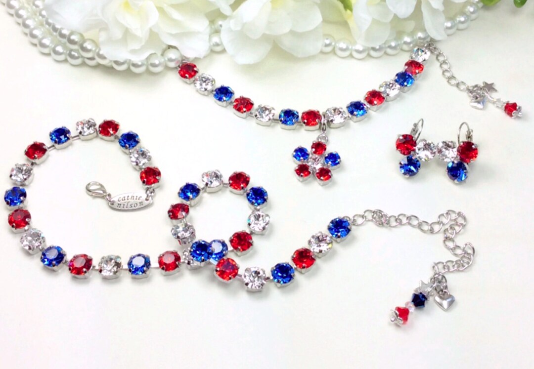 Austrian Crystal Necklace Bracelet Earrings Set, Red White Blue Jewelry ...