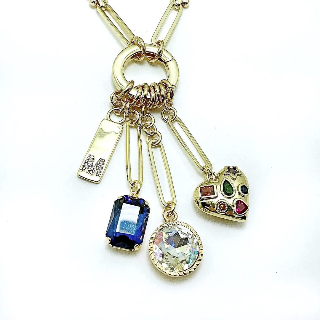 Bejeweled Heart Y Necklace – Crystal Gem Charms, Initial Charm, 14K ...