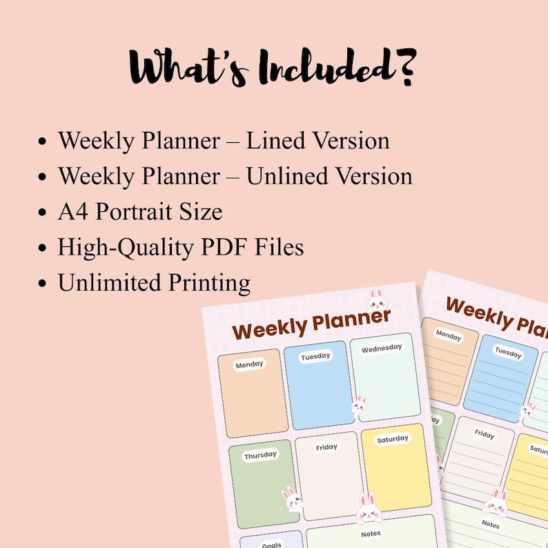 Weekly Planner Printable PDF | Bunny Theme | Lined & Unlined Planner ...