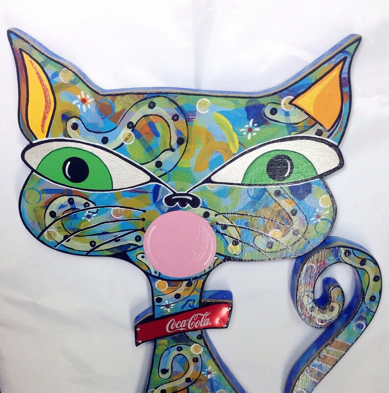 Coca-cola Bubble Gum Cat, Funky Outsider Folk Art Large Cat Wall Decor ...