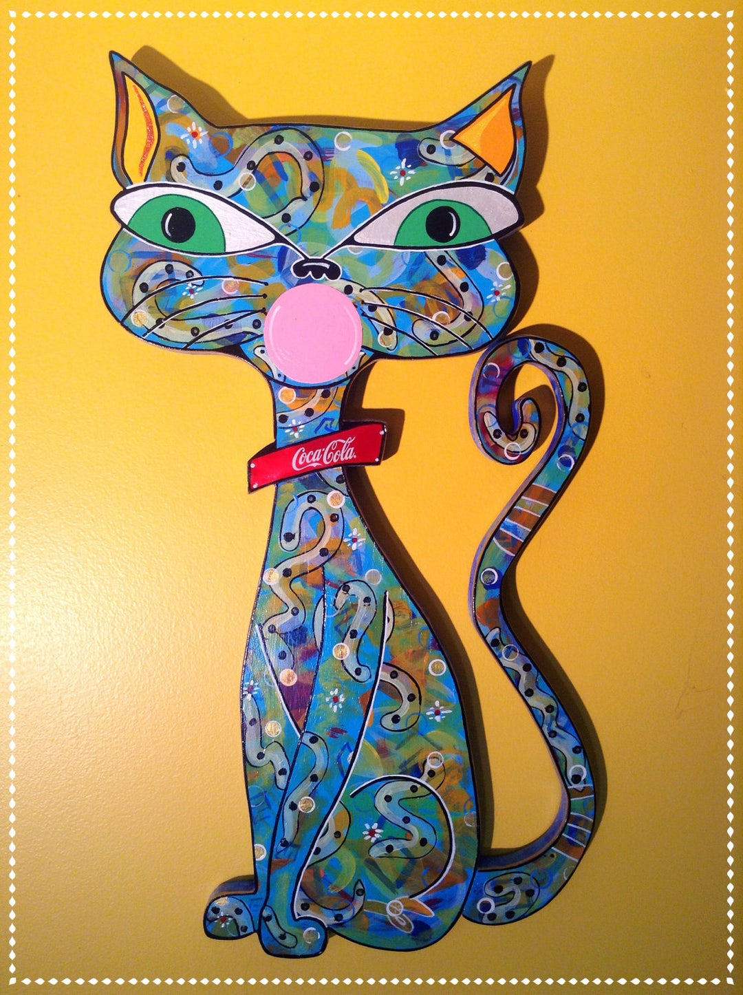 Coca-cola Bubble Gum Cat, Funky Outsider Folk Art Large Cat Wall Decor ...