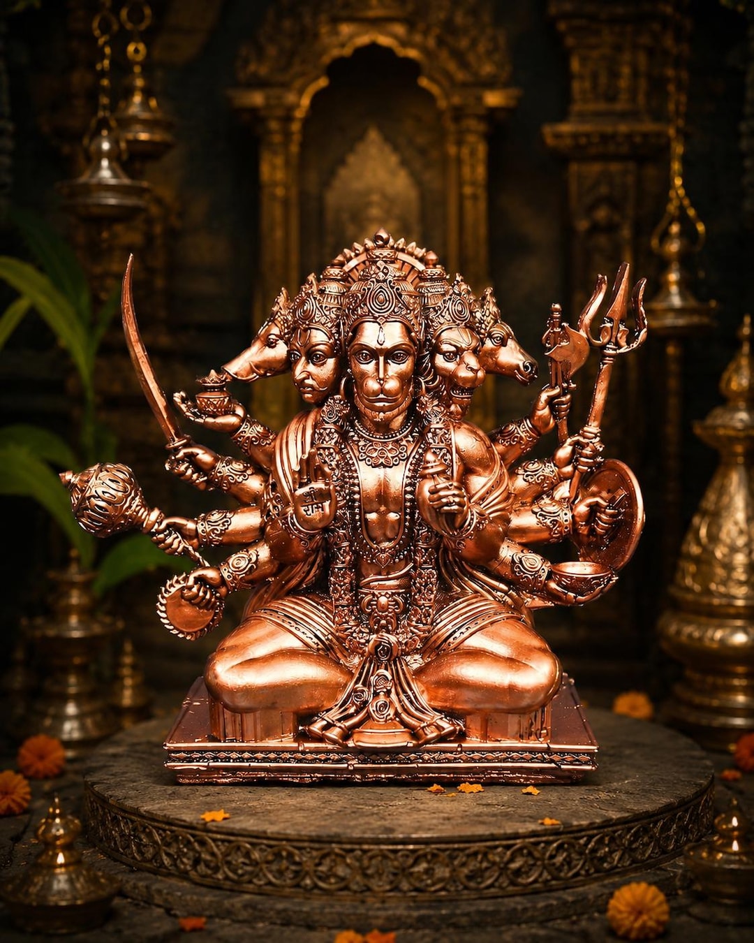 Panchamukha Hanuman Idol Copper Finish, Hanuman Ji Statue, Religious ...