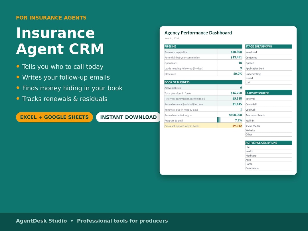 Insurance Agent CRM Excel Template, Client Policy Tracker Spreadsheet ...