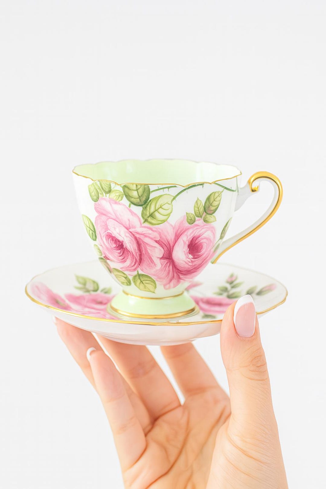RARE TEACUP & Saucer by Shelley, Footed, Rambler Rose Pattern - C. 1940 ...
