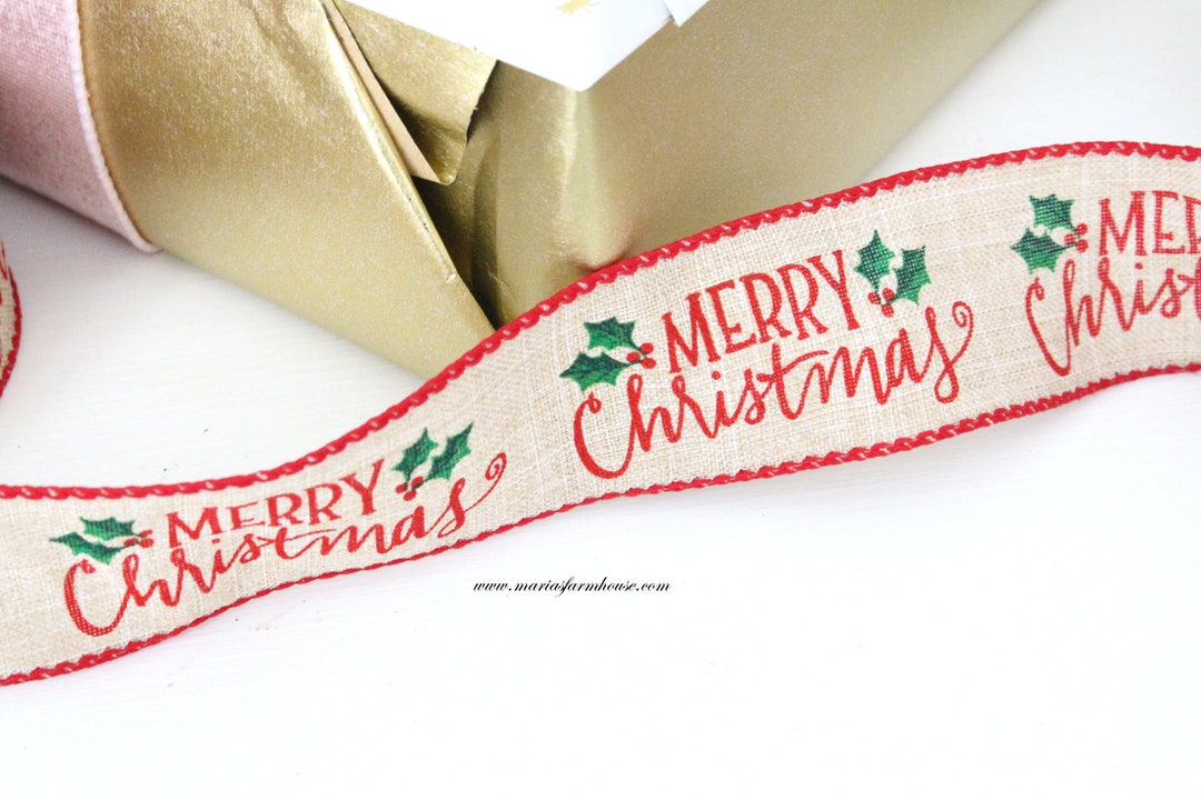 MERRY CHRISTMAS Ribbon, One Sided, Wired Ribbon, Arts & Crafts ...