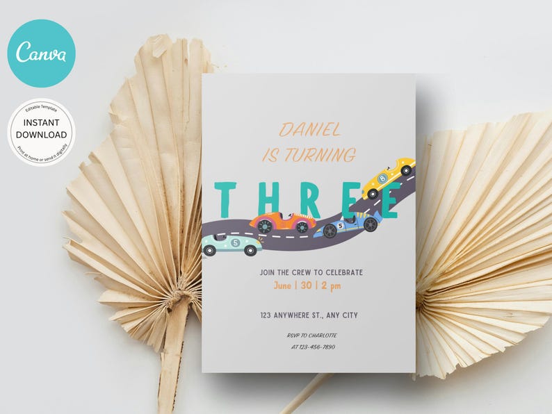 Race Car Third Birthday Invitation | Photo THREE Canva Template ...