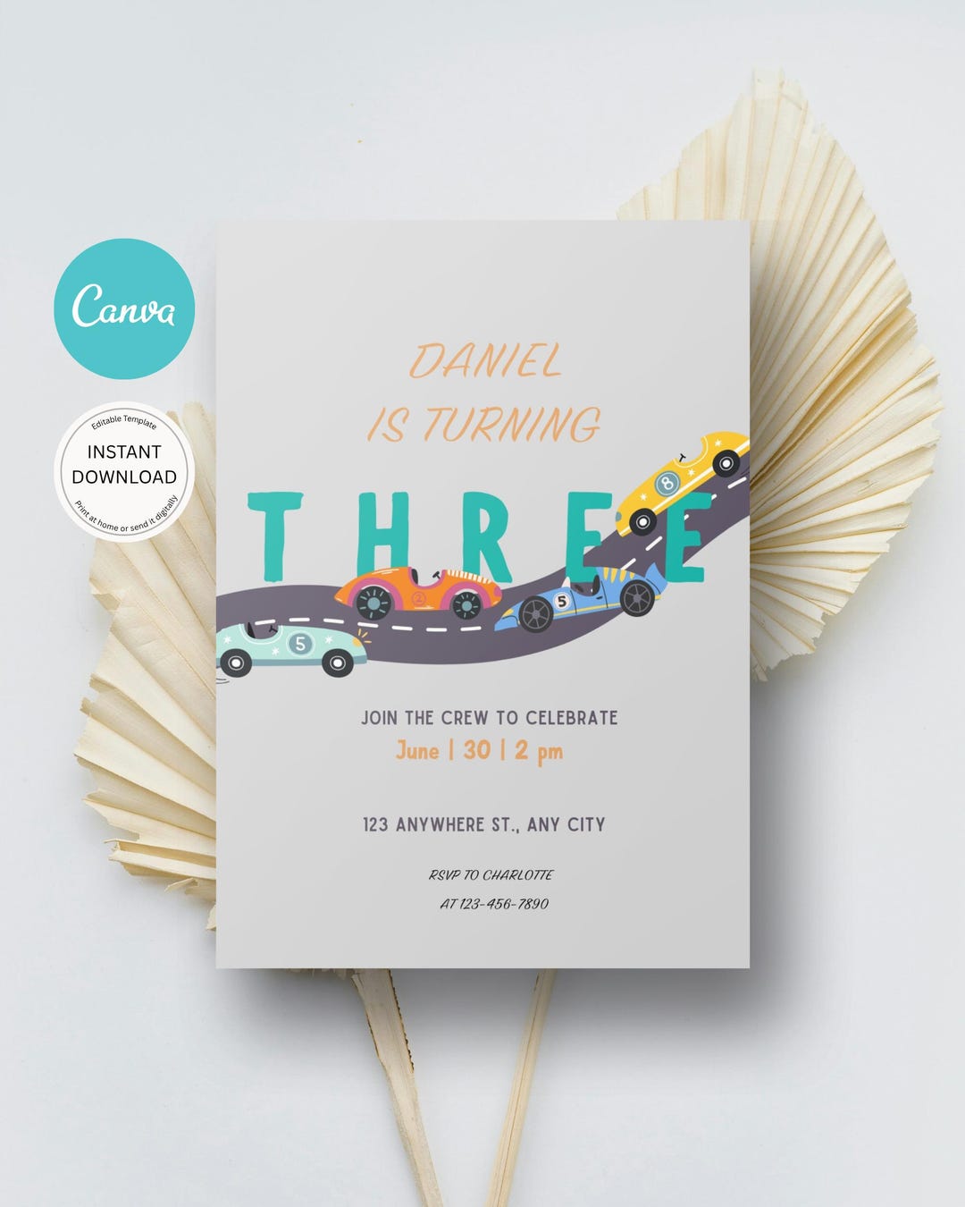 Race Car Third Birthday Invitation | Photo THREE Canva Template ...