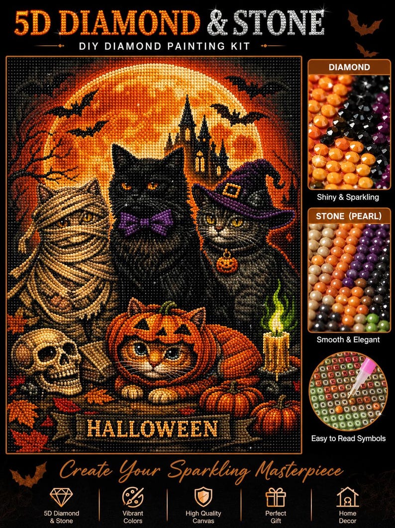 1 Halloween Diamond Art for Adults, Cat 5D Diamond Painting Kits - Etsy
