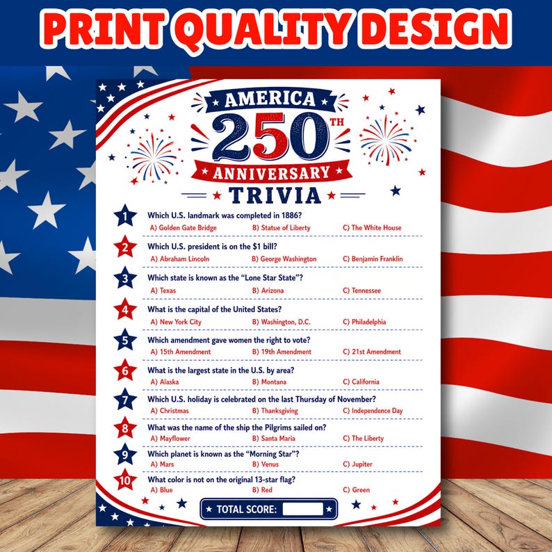 USA 250th Anniversary Trivia Game, America 250th Patriotic Trivia ...