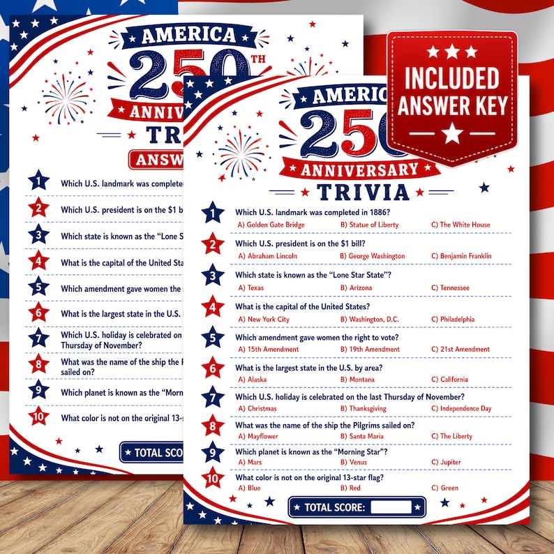 USA 250th Anniversary Trivia Game, America 250th Patriotic Trivia ...