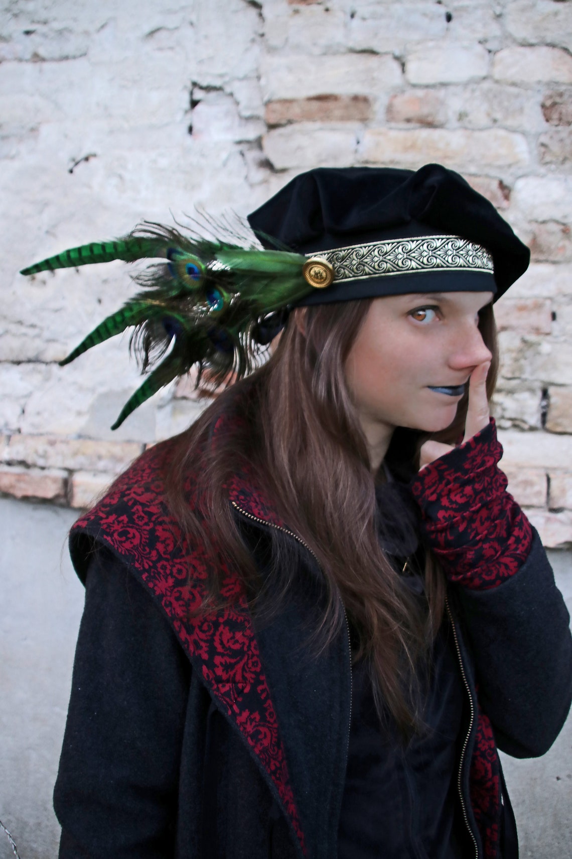 Handmade Renaissance Beret – Black & Gold Trim, Peacock Feather - Etsy