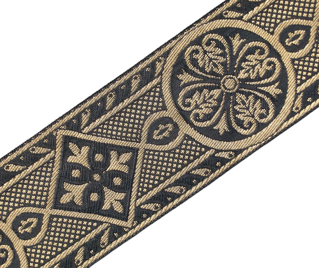 2 3/8" Wide Jacquard Trim Medieval Style Black & Gold Church Vestment 3 ...