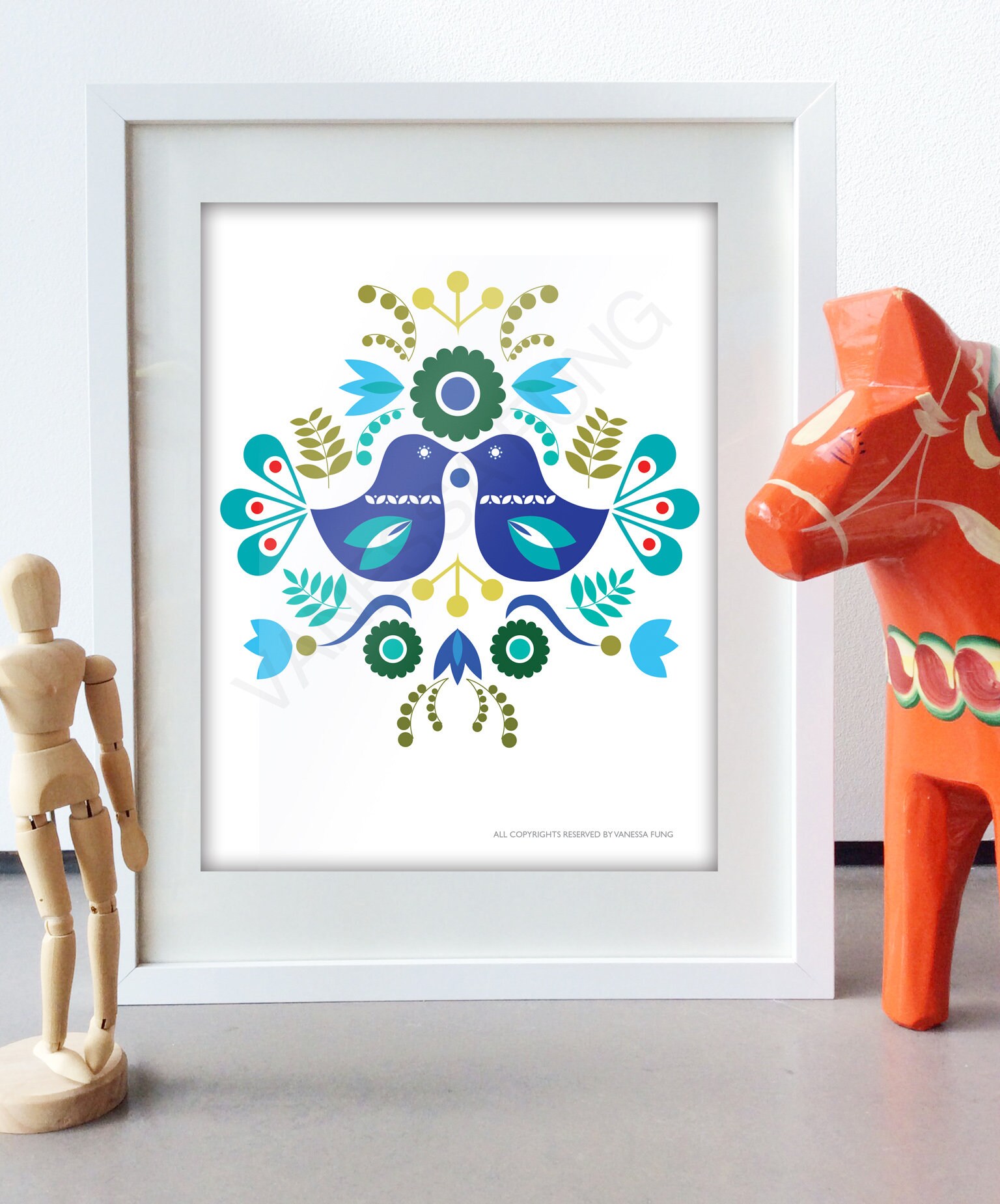 Scandinavian Folk Art Love Bird Flower Art Print Retro - Etsy