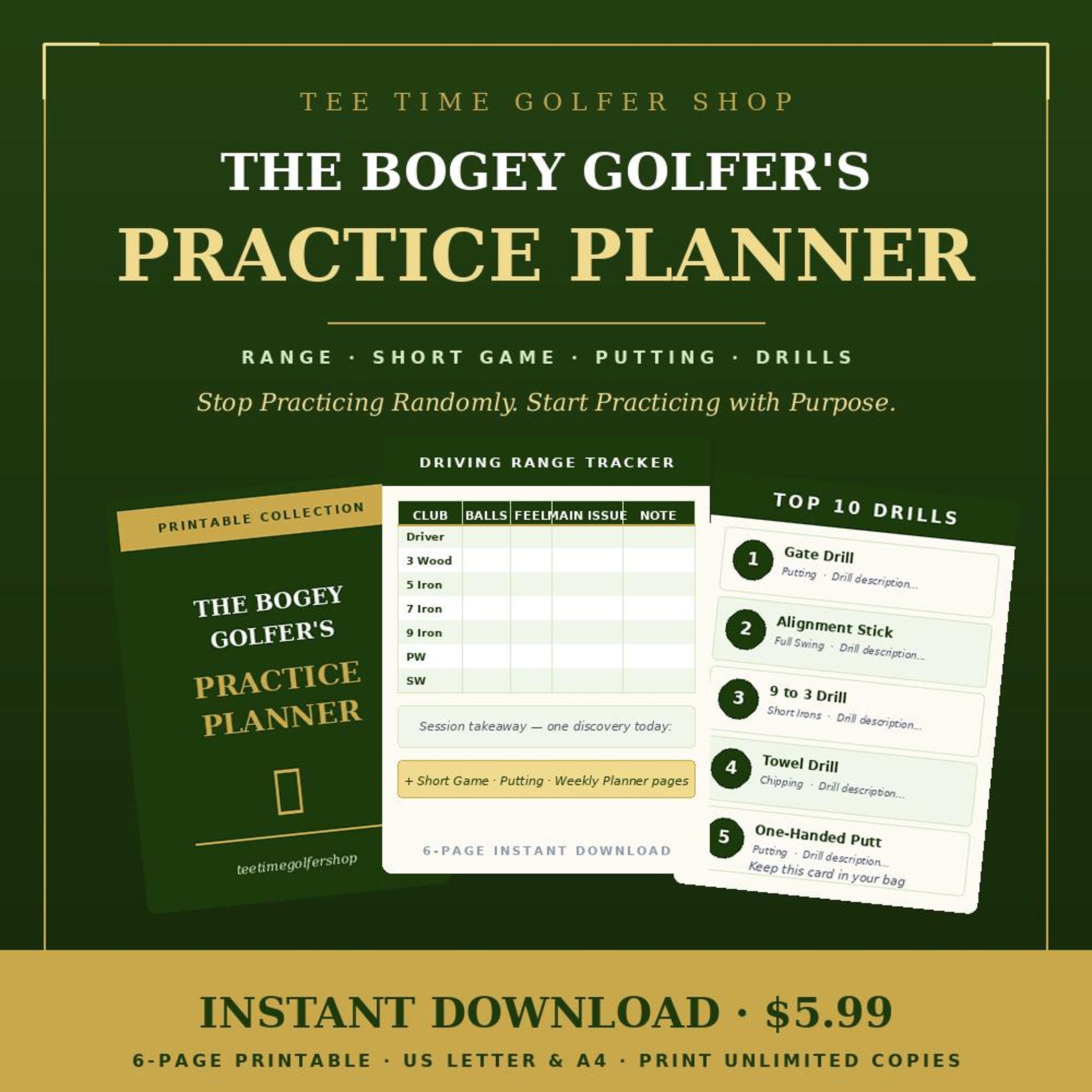 Golf Practice Planner, Driving Range, Putting Log, Drills PDF (instant ...