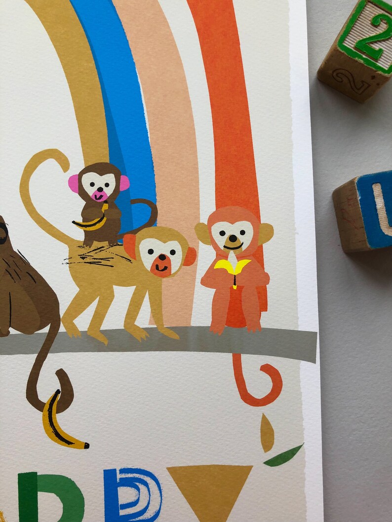 Rainbow With Monkeys Personalised Name Print - Etsy