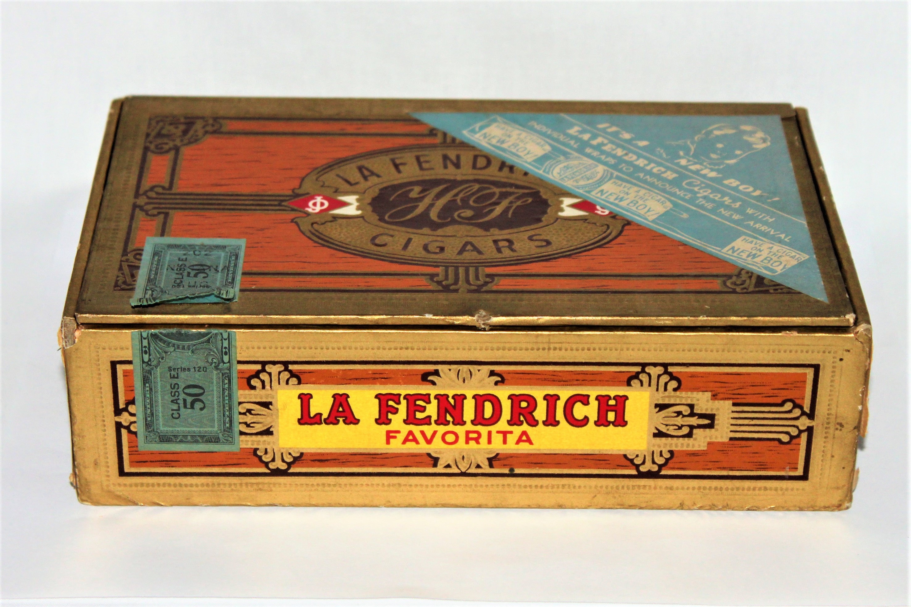 Vintage 1950 LA FENDRICH Cigar Box, with Baby Boy Announcement