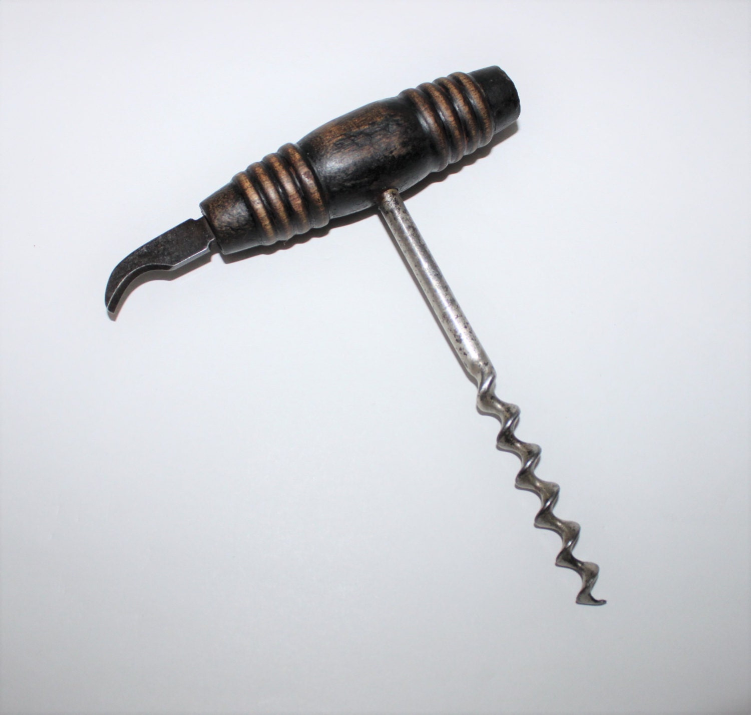 Antique Corkscrew, Wood Handle Straight Pull with Foil Cutter Corkscrew