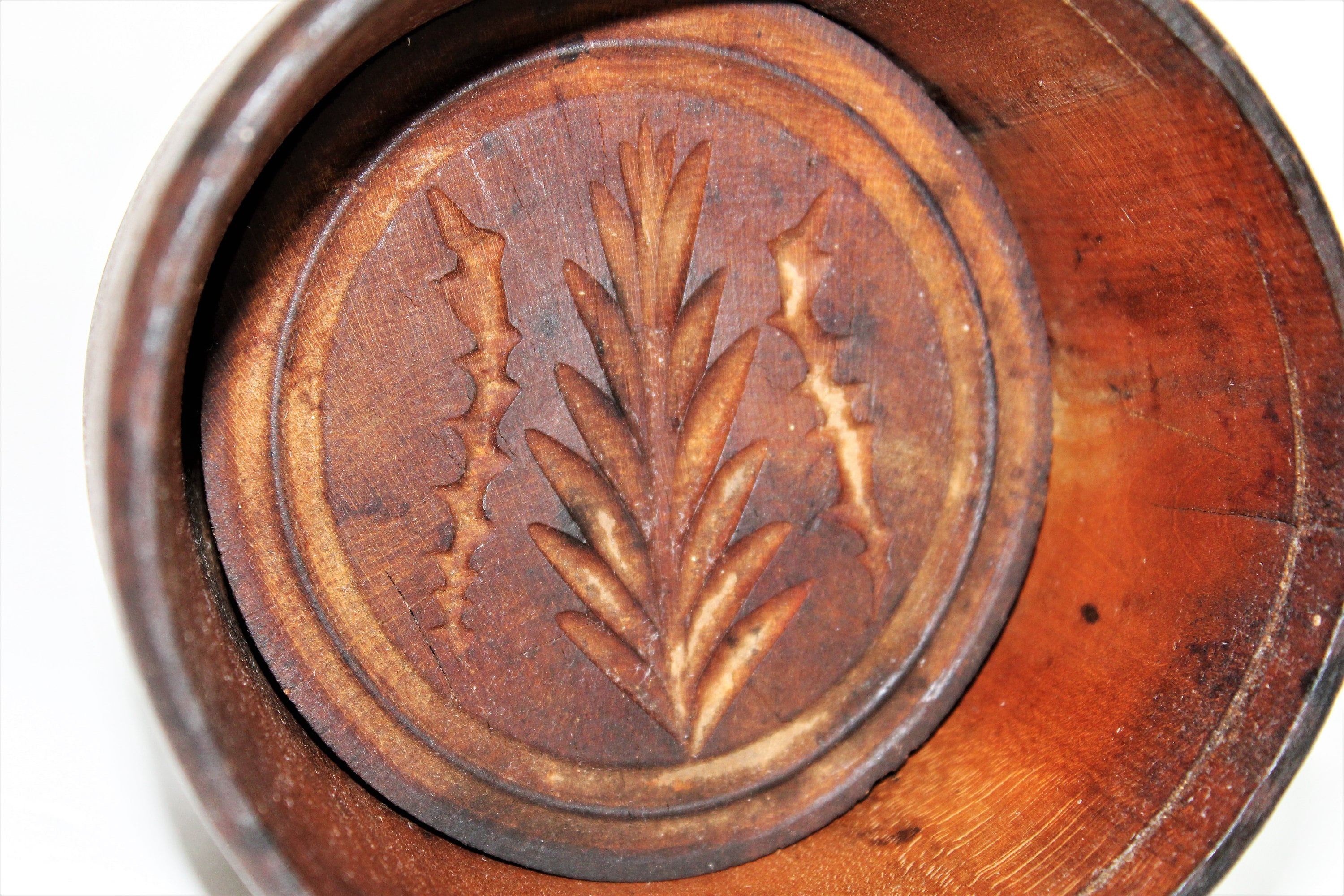 Primitive Wooden Butter Press Mold with Rosemary & Dill Leaf Pattern Design