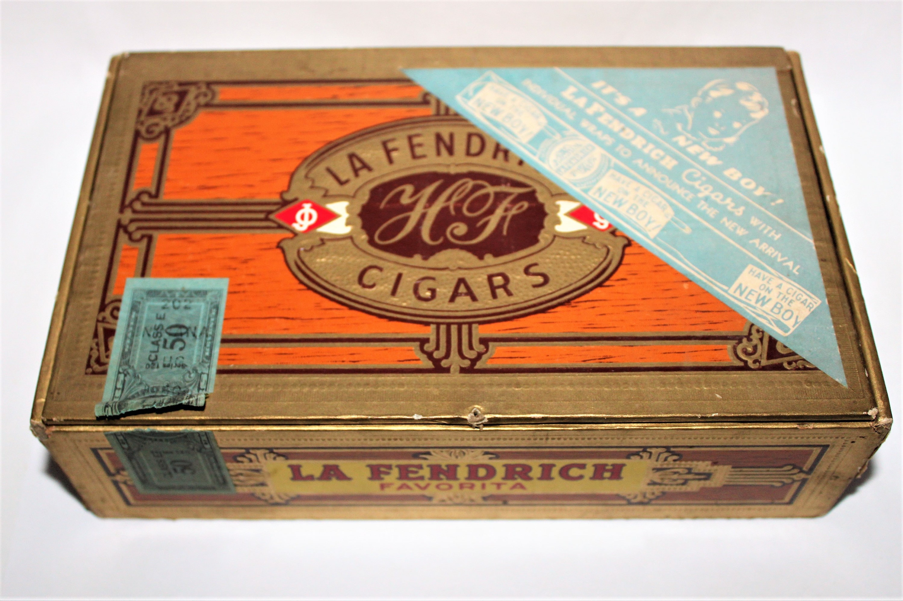 Vintage 1950 LA FENDRICH Cigar Box, with Baby Boy Announcement