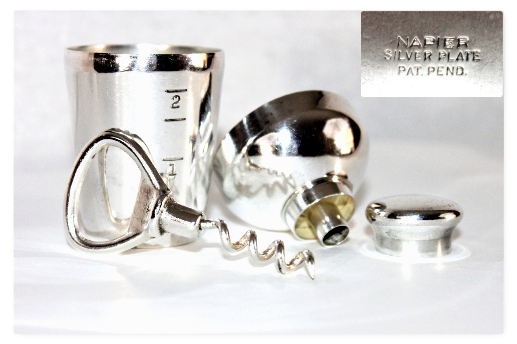 Mid Century Barware, 1920s Napier Silver, Travel Barware Set, Wine Opener