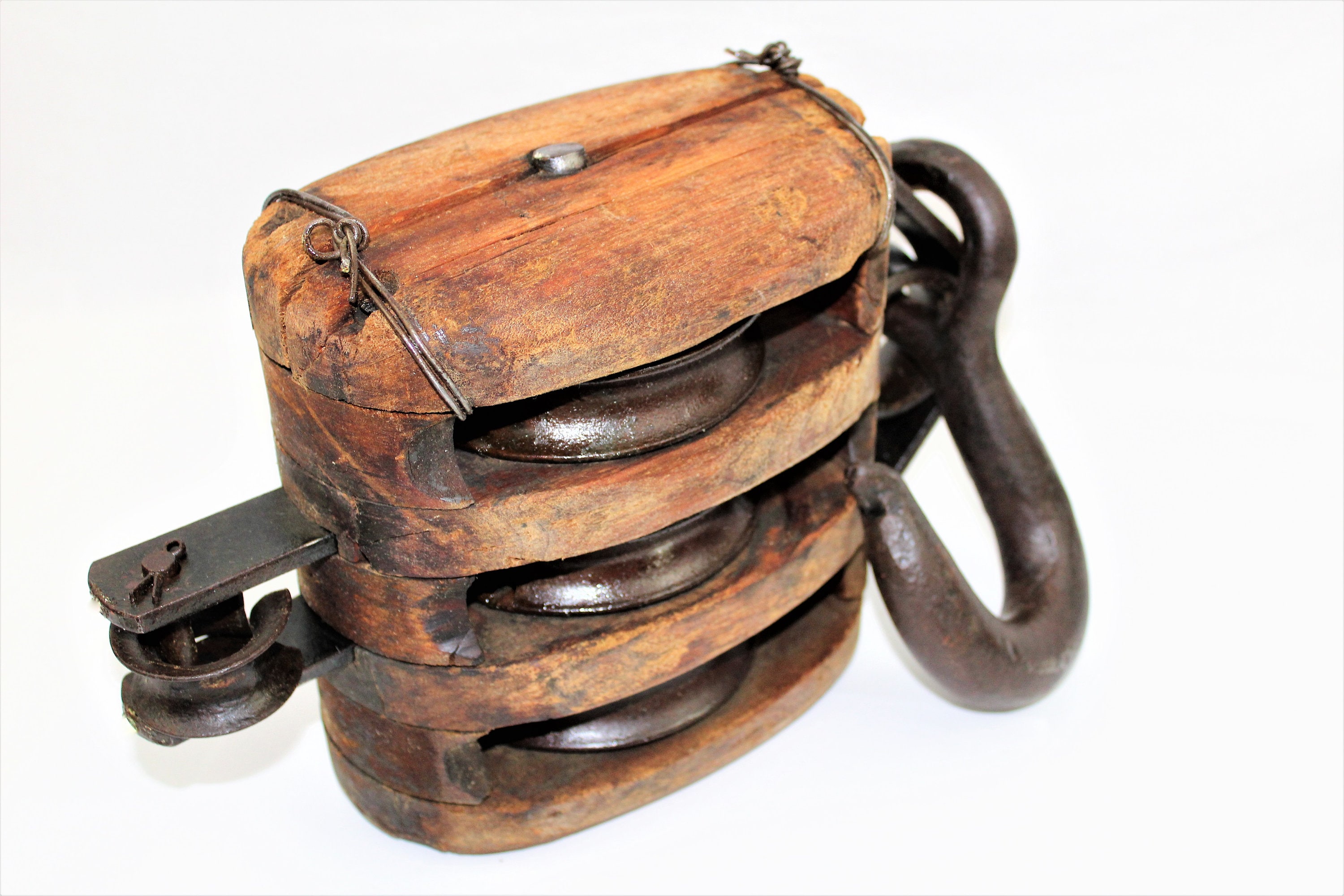 Antique Barn Pulley / Large Triple Rope Wood Pulley / Farm Ware ...