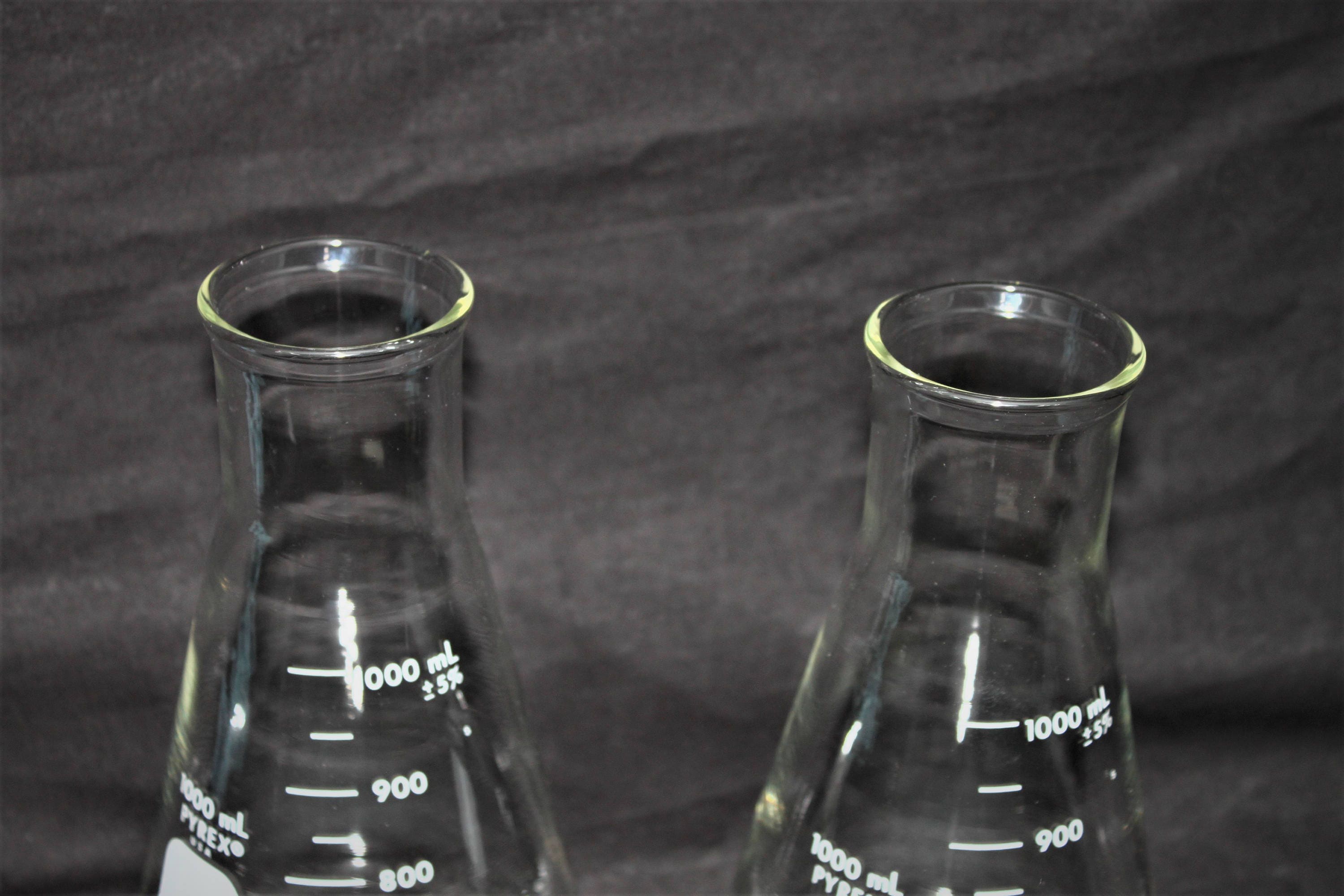 Vintage Pair of 1000mL Pyrex Erlenmeyer Flasks, Pyrex #5100-1000 Vintage Pair of 1000mL Pyrex Erlenmeyer Flasks, Pyrex #5100-1000