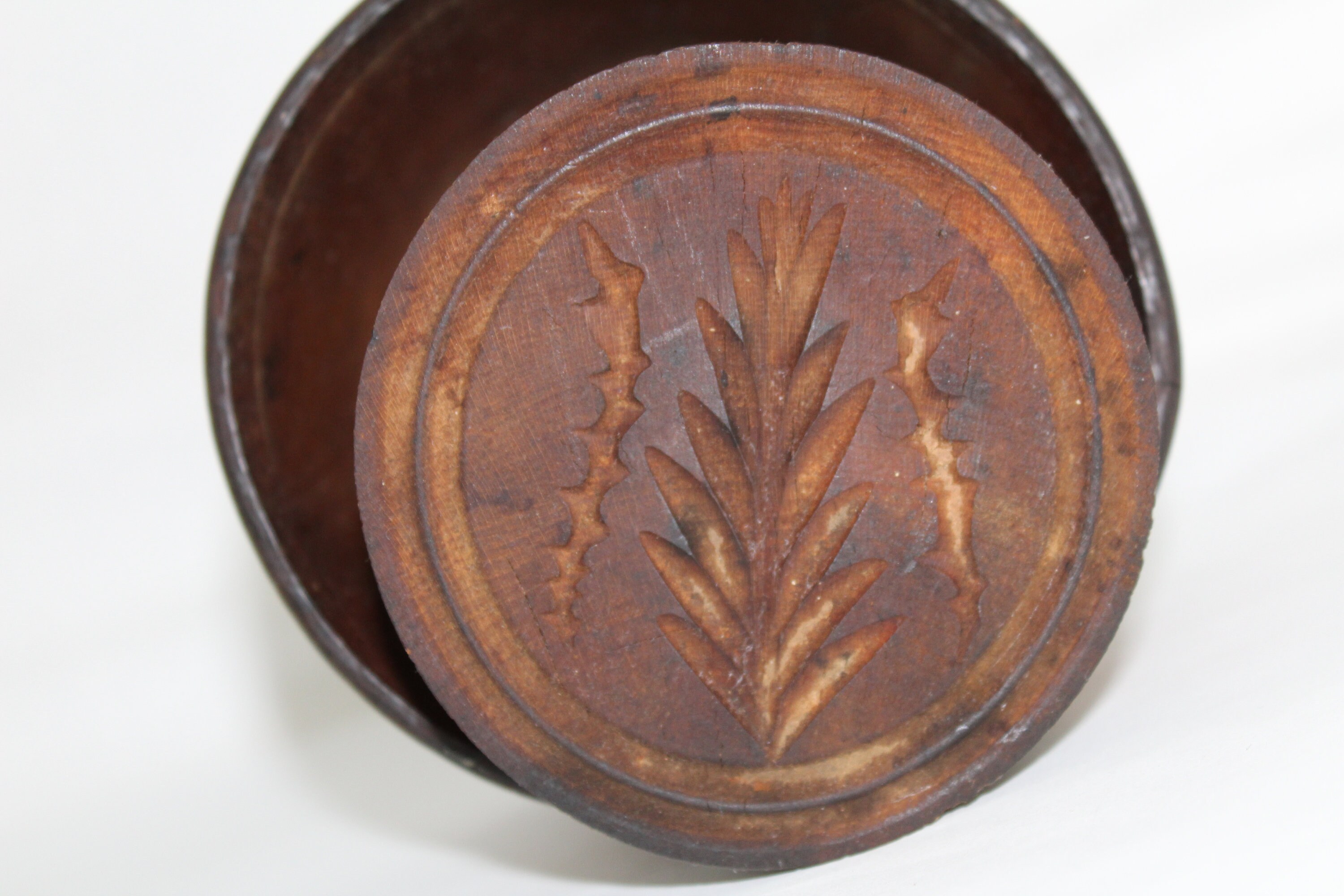 Primitive Wooden Butter Press Mold with Rosemary & Dill Leaf Pattern Design