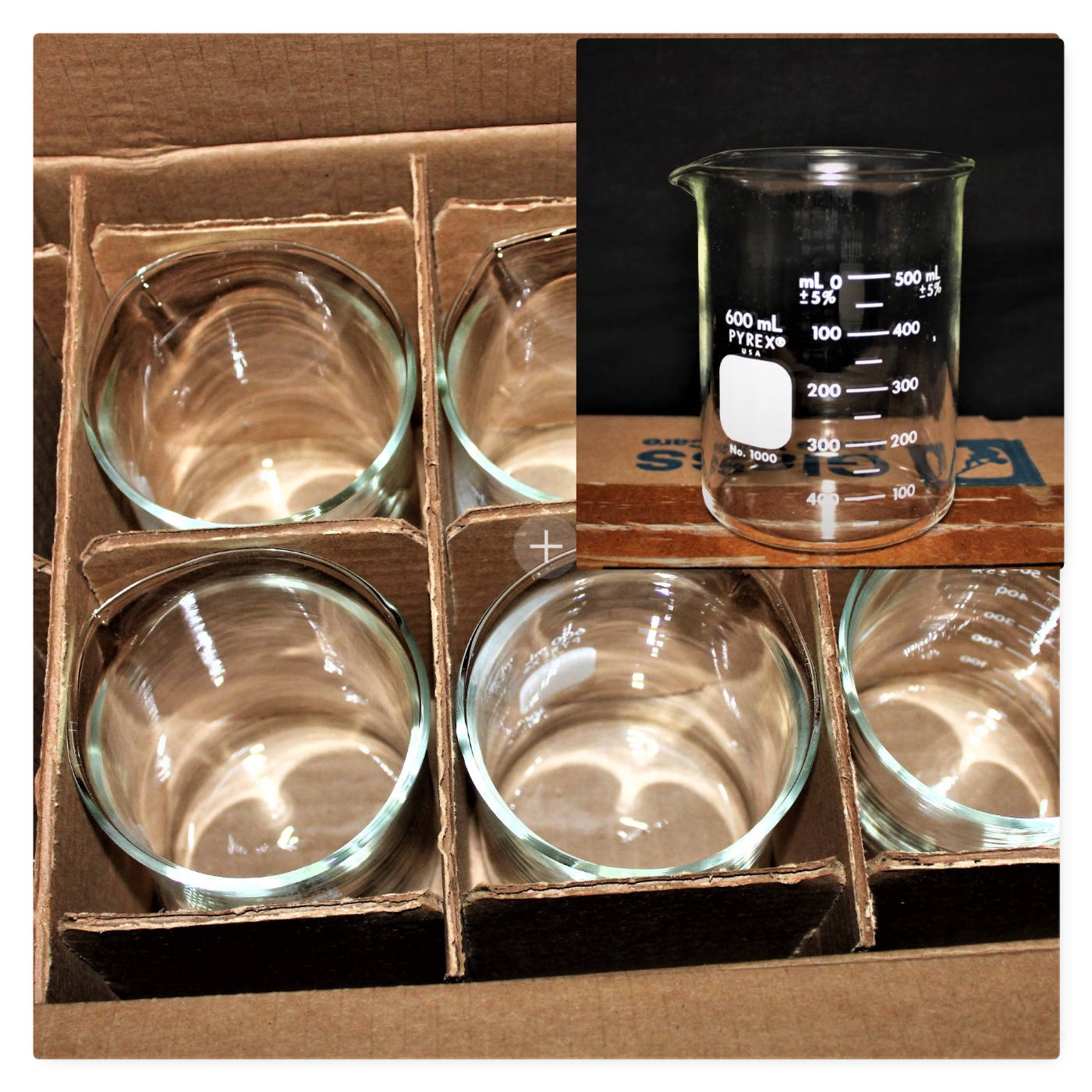 Six New Old Stock #1000 600mL PYREX Griffin Beakers in Original Box ...