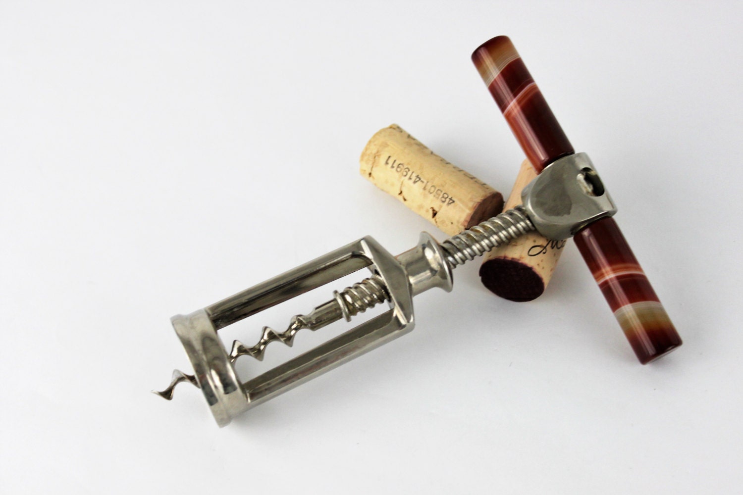 Vintage German Rollover Handle Corkscrew with Agate Stone Handle