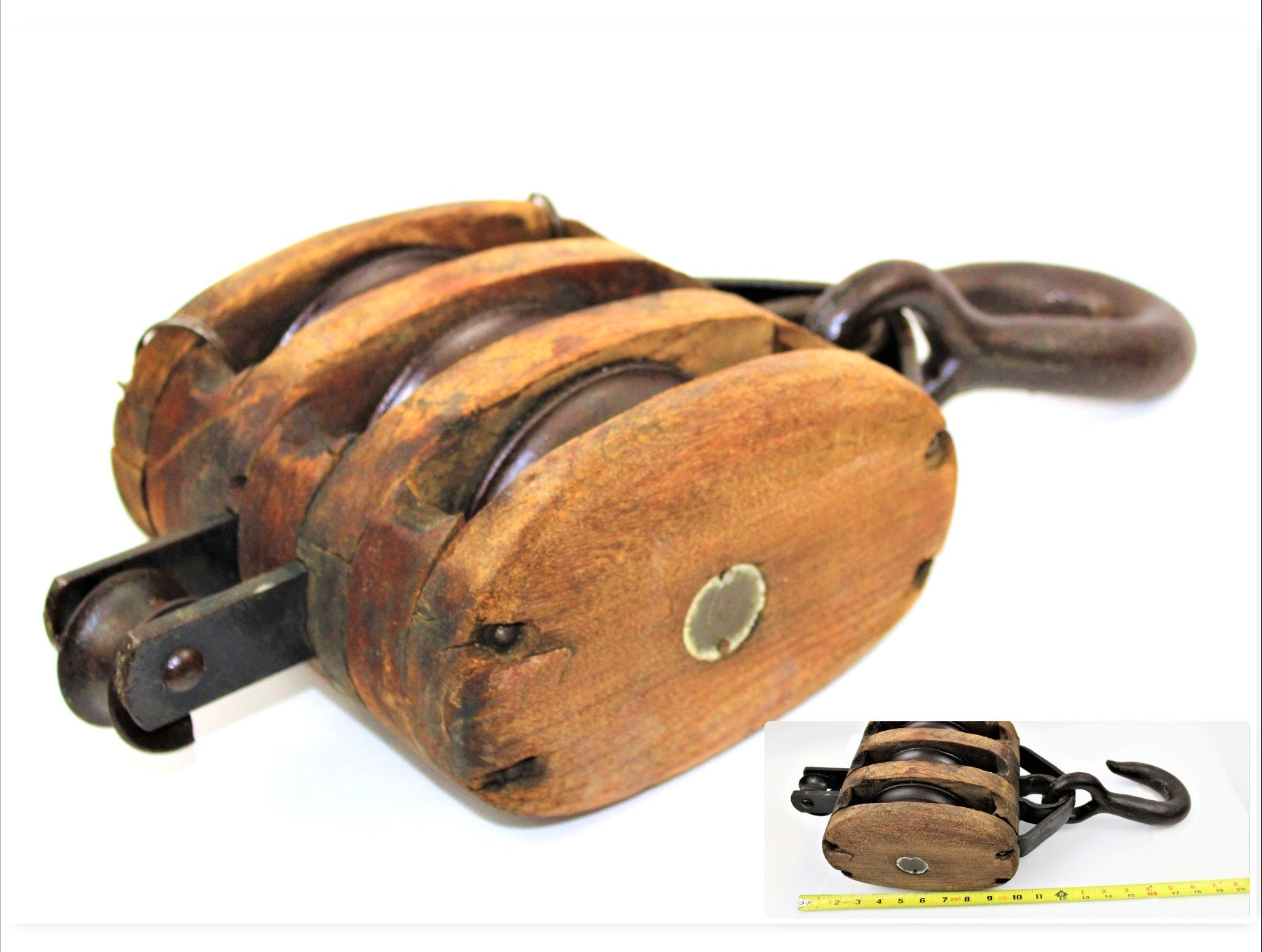 Antique Barn Pulley / Large Triple Rope Wood Pulley / Farm Ware ...