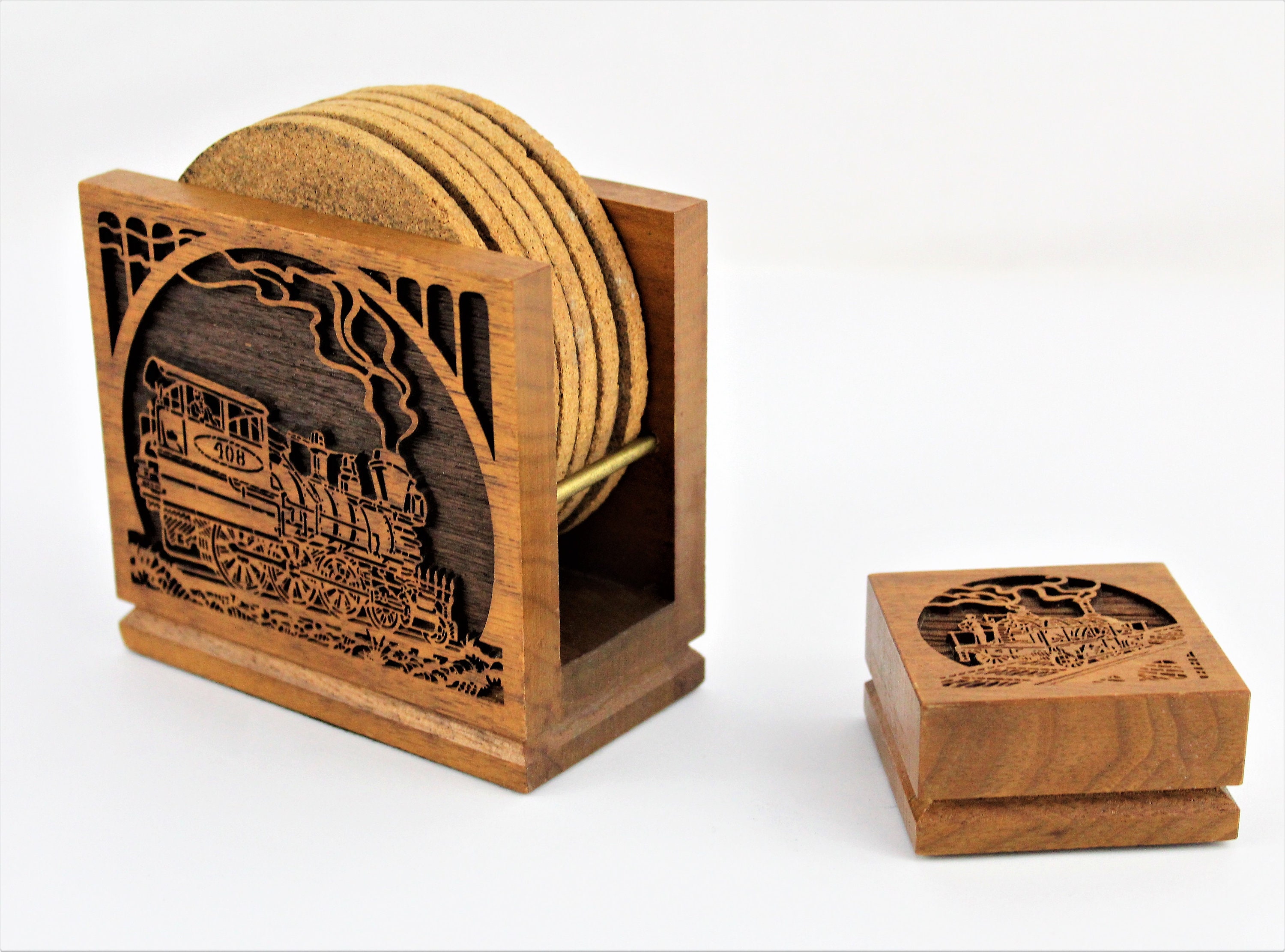 Vintage Railroad Decor / Lasercraft Drink Coaster Set / Coaster Set