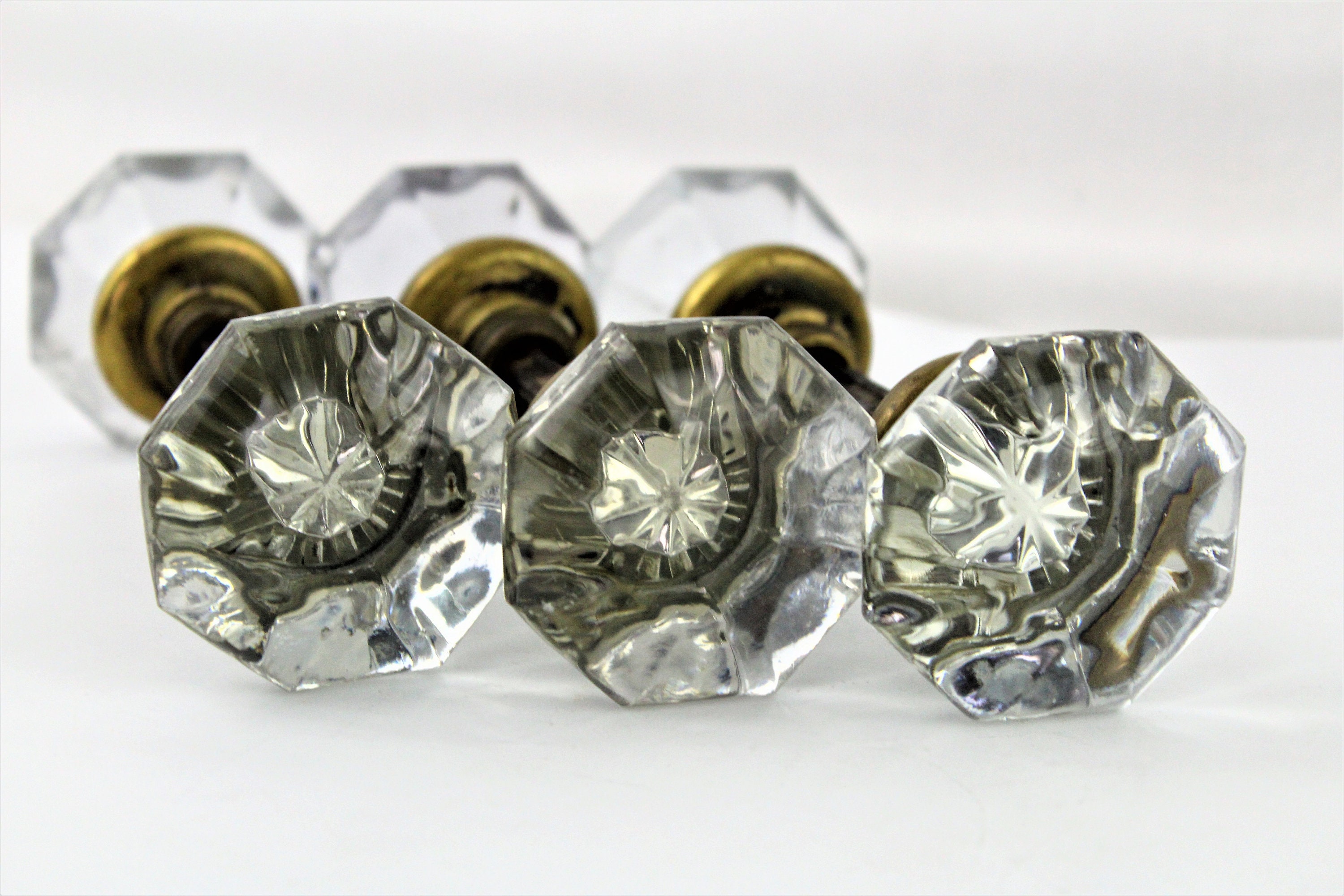 Patented April 22, 1913, Three Matched sets of Antique Octagon Crystal Glass Door Knobs with ...