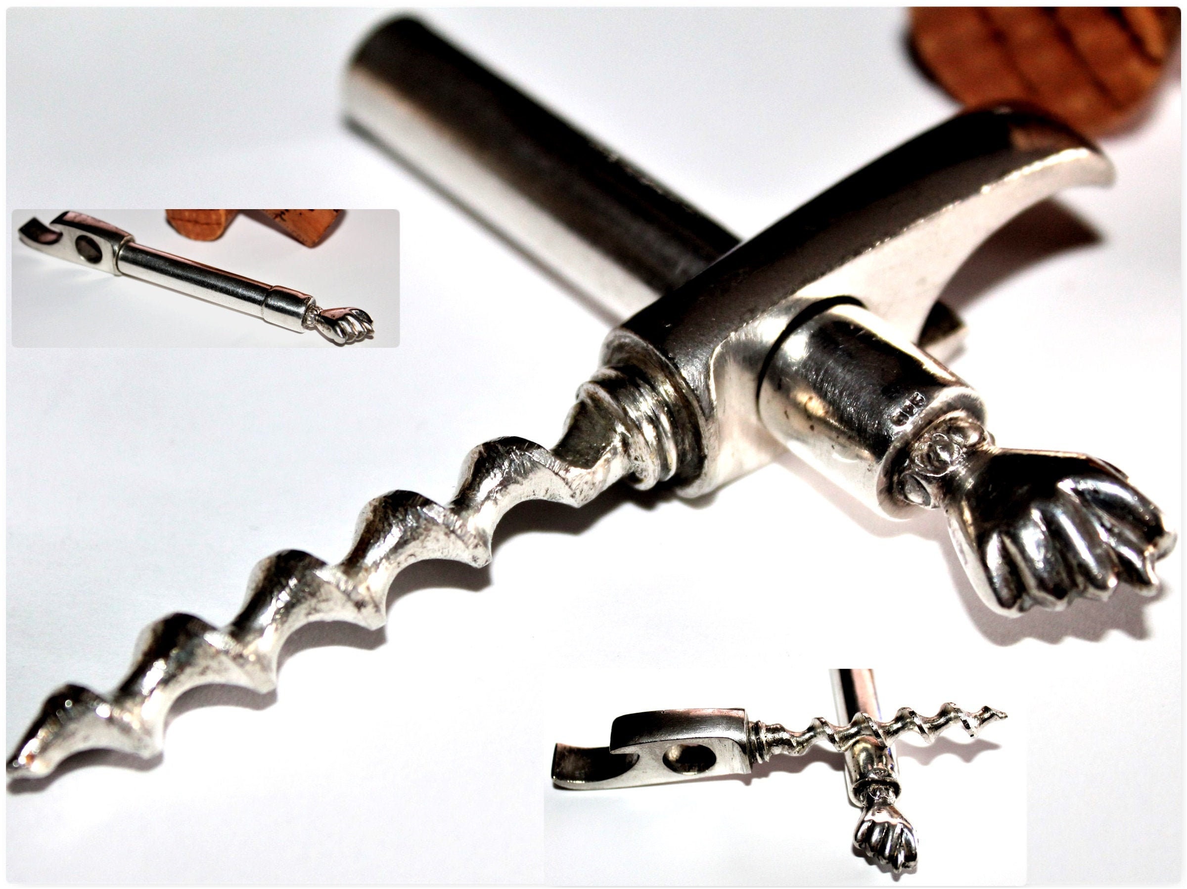 Vintage Corkscrew, Sterling Silver Corkscrew with Fig Fist