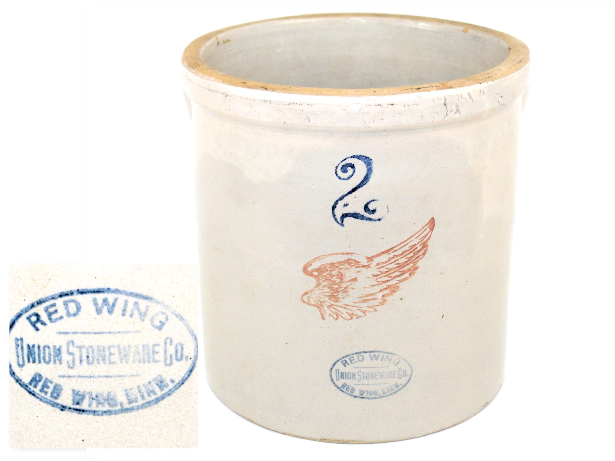 Antique Red Wing Union Stoneware Co. Two Gallon Crock, 4” Red Wing ...