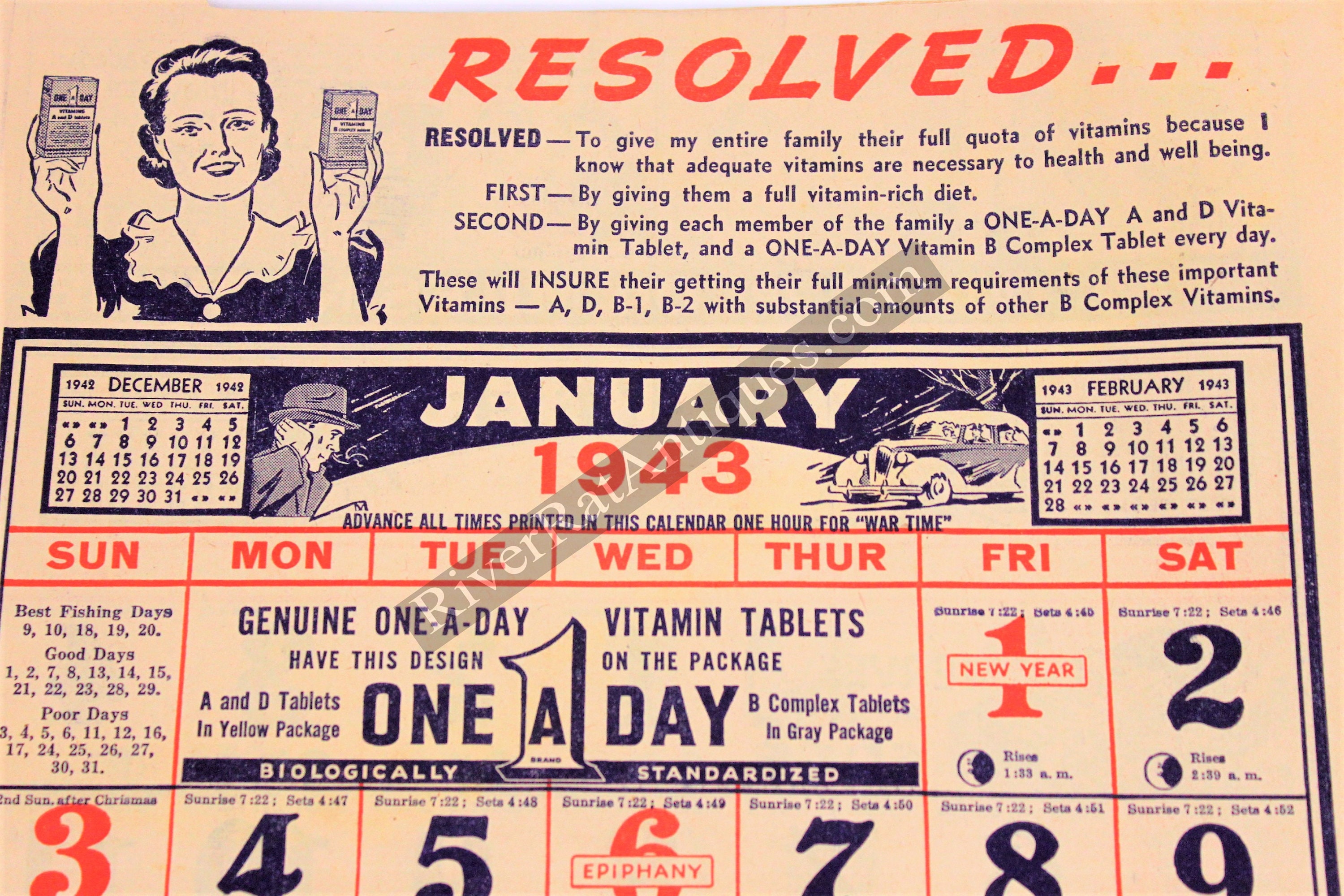 Vintage 1943 Drug Store Calendar, WWII