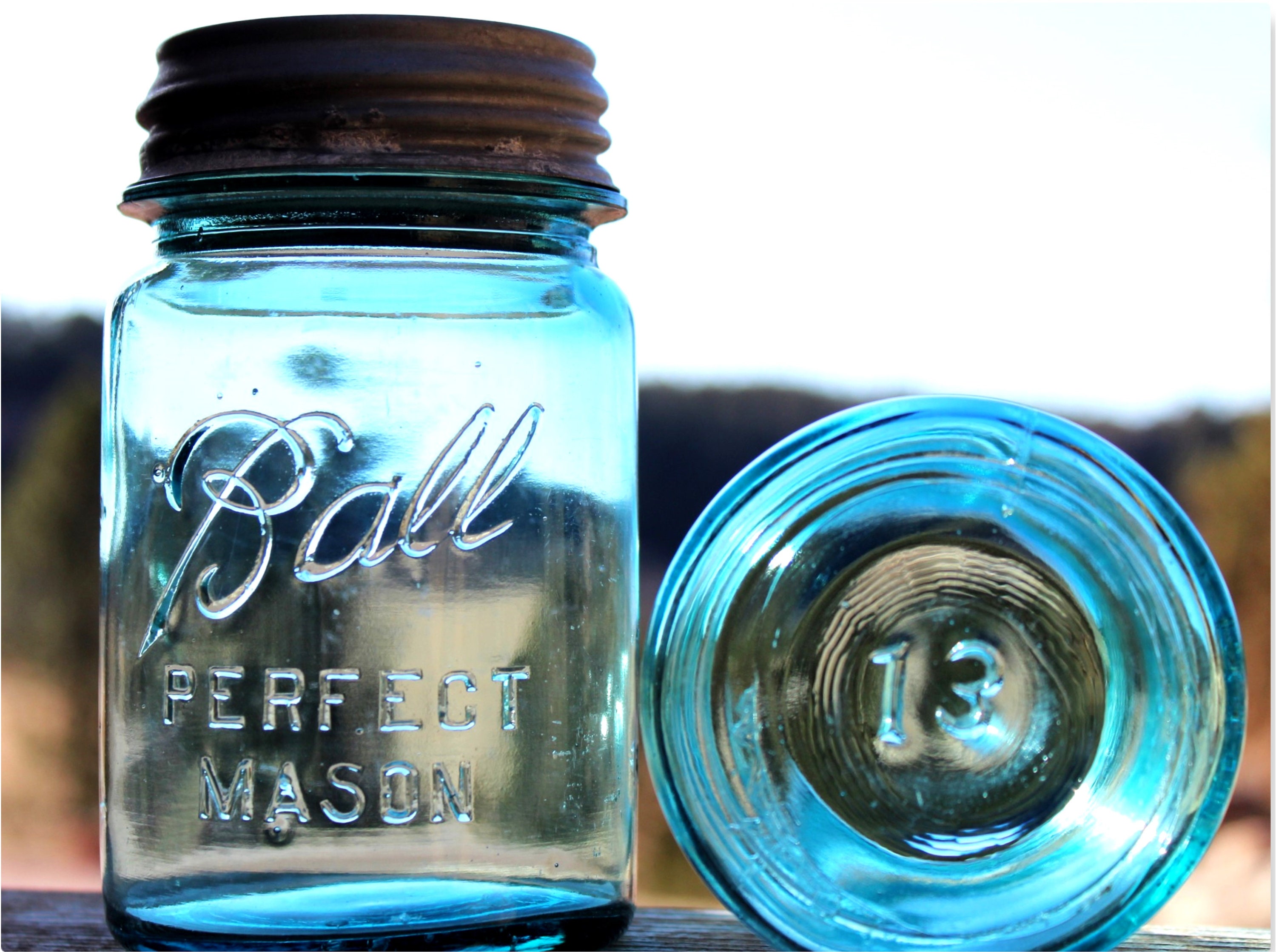 Pair of Lucky Number 13 Blue Pint Ball Fruit Jars