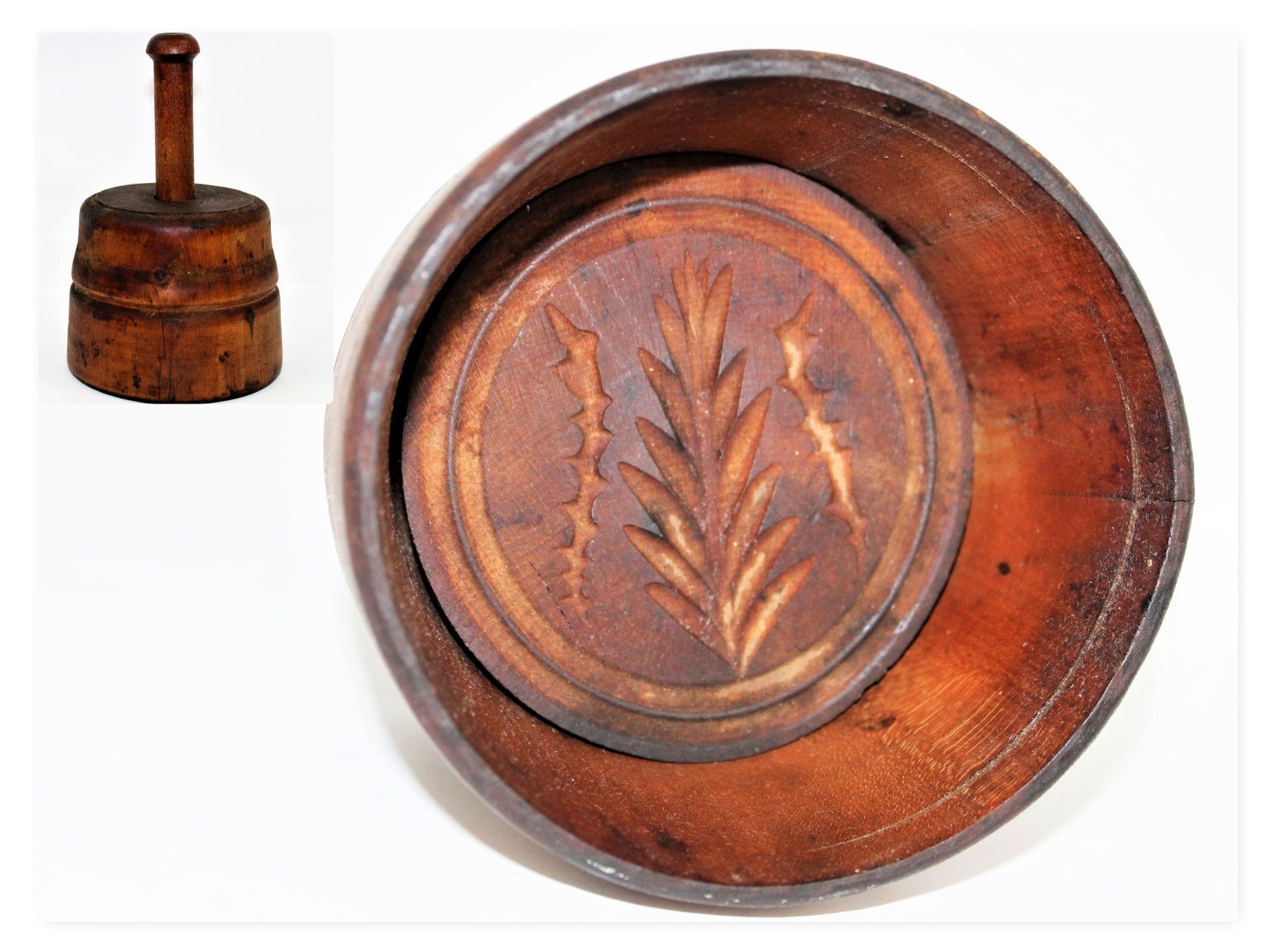 Primitive Wooden Butter Press Mold with Rosemary & Dill Leaf Pattern Design