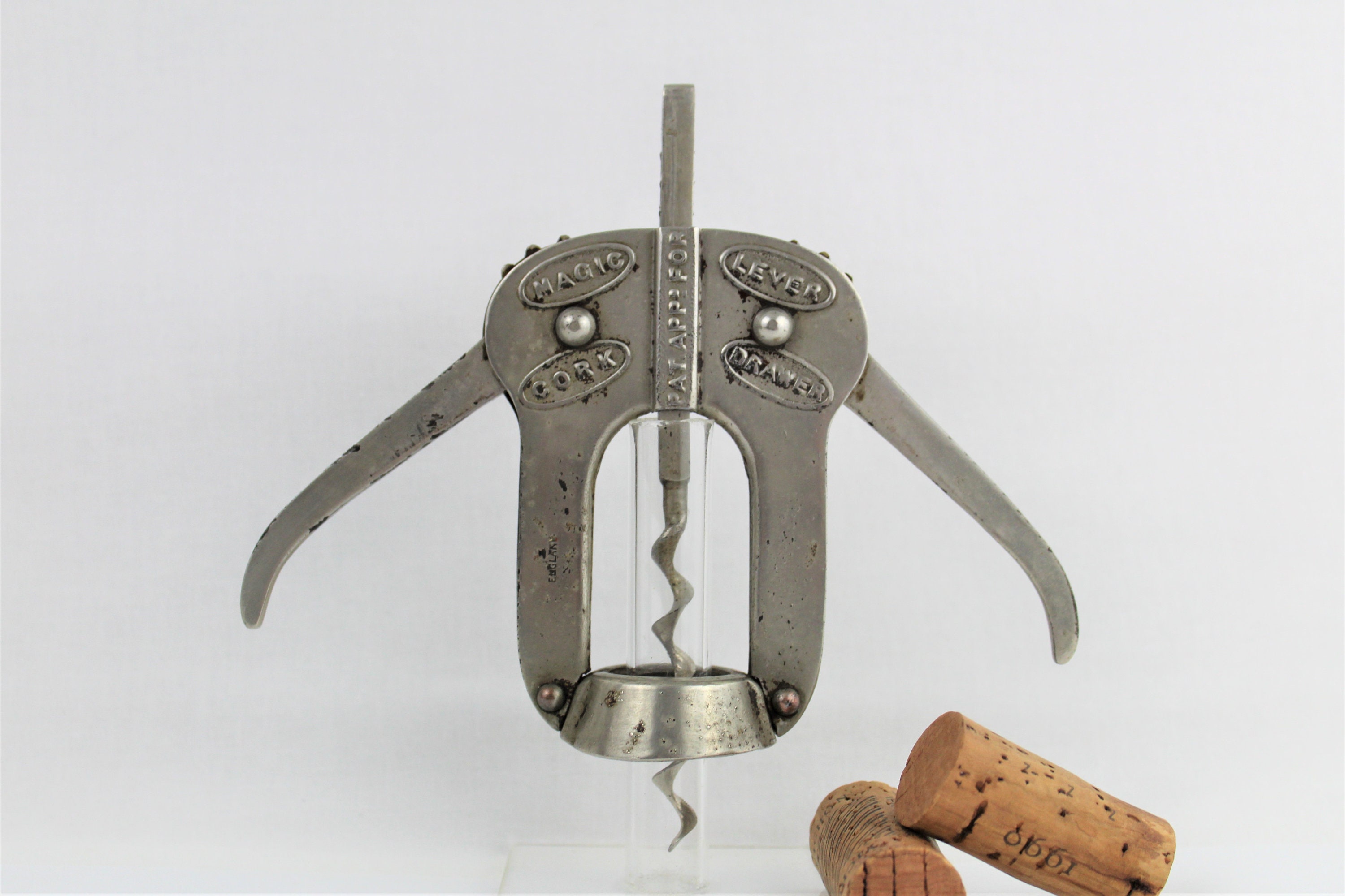 Antique English Magic Lever Cork Drawer, Corkscrew, Wine Opener